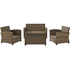 Crosley Furniture Bradenton 4-Piece Outdoor Loveseat Patio Furniture Set, Wicker Conversation Sets for Porch, Brown with Sand Cushions