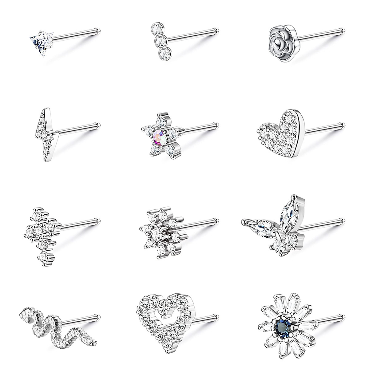 YADOCA 12 Pcs 20G Nose Studs Surgical Steel Nose Rings Studs for Women Men CZ Heart Butterfly Flower Snake Nose Piercing Jewelry