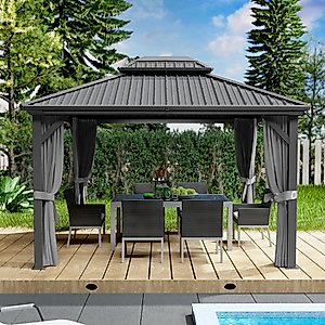 Kozyard Caesar 10'x12' Hardtop Gazebo - Permanent Metal Pavilion with Netting and Shaded Curtains for Patio, Backyard, and Deck - Galvanized Steel Outdoor Aluminum Canopy, Double Roof Gazebo (Grey)