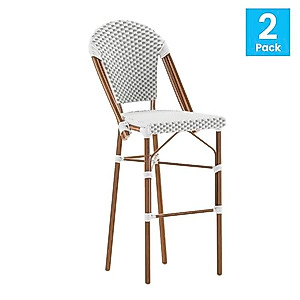 Flash Furniture Lourdes Commercial Grade Bistro Bar Height Stool, Stackable Indoor/Outdoor Dining Stool, 30" High, White/Gray and Bamboo Finish, Set of 2