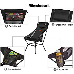 AnYoker Camping Chair, 2 Way Compact Backpacking Chair, Portable Folding Chair, Beach Chair with Side Pocket, headrest and Foot Rest, Lightweight Hiking Chair 01666 （Black）