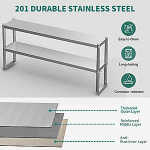 YITAHOME 60" x 12" Stainless Steel Overshelf, 2 Tier Overshelf with Hook, Adjustable Commercial Double Overshelf for Kitchen Prep Table Restaurant and Workshop