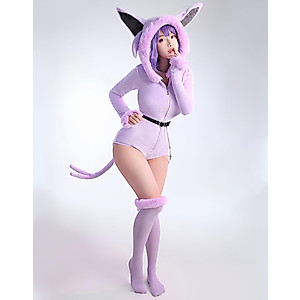 Mobbunny Anime Derivative Romper Onesie Pajamas Bodysuit with Tail Belt and Socks Fluffy Bodycon Hooded Jumpsuit (purple, small)