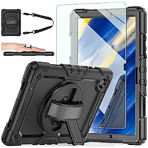 Compatible with Samsung Galaxy Tab A8 10.5 Inch Case 2022, [Kids Proof] Ambison Full Body Protective Case with 9H Tempered Glass Screen Protector, 360° Rotatable Kickstand & Hand Strap (Black)