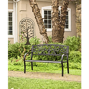Plow & Hearth Arched Metal Garden Trellis with Symbolic Tree of Life Design, Weather-Resistant Matte Black Powder-Coat Finish and Burnished Bronze Highlights