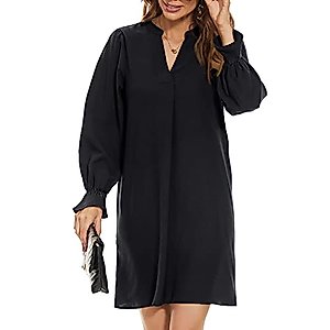 KINMIU Women's Long Sleeve V Neck Flowy Swing Shift Dress Slim Fit Cute Fall Autumn Dresses 2023 Trendy(Medium,Black)