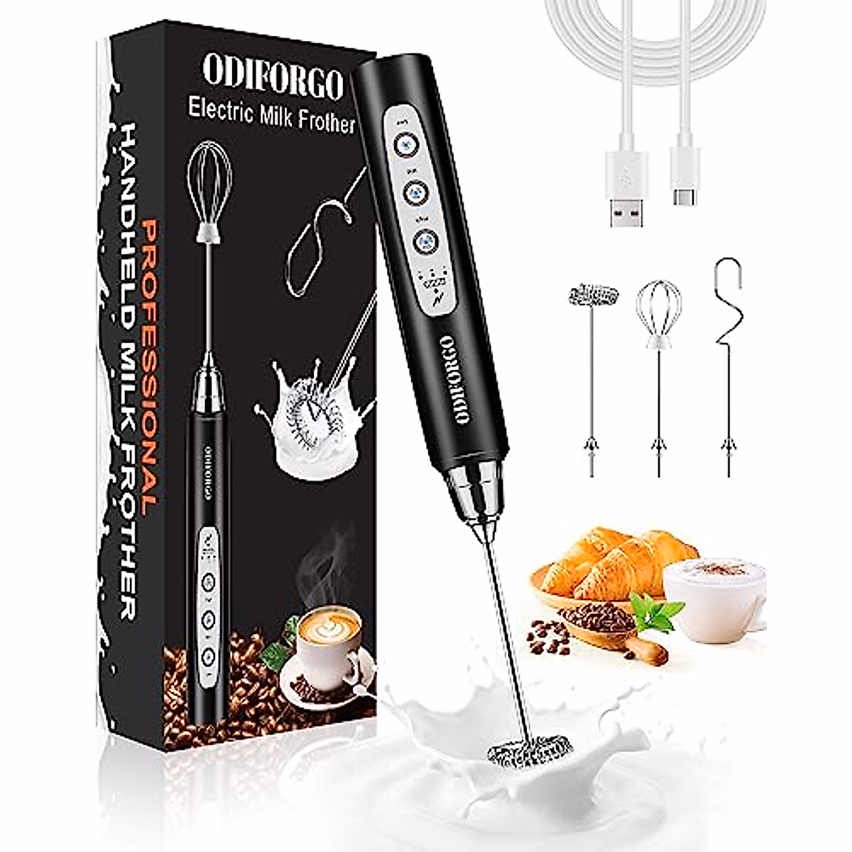 ODIFORGO Milk Frother Handheld, USB Rechargeable Electric Whisk 3 Speed Adjustable, Coffee Frother Wand with 3 Stainless Whisks, Egg Beater, Drink Mixer Blender for Coffee Latte Cappuccino Matcha