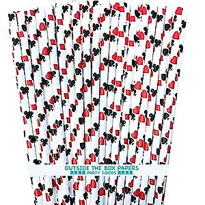 Casino Card Night Theme Paper Straws - Ace, Spade, Heart, Diamond Card Design - Black Red White - Pack of 100 - Outside the Box Papers Brand