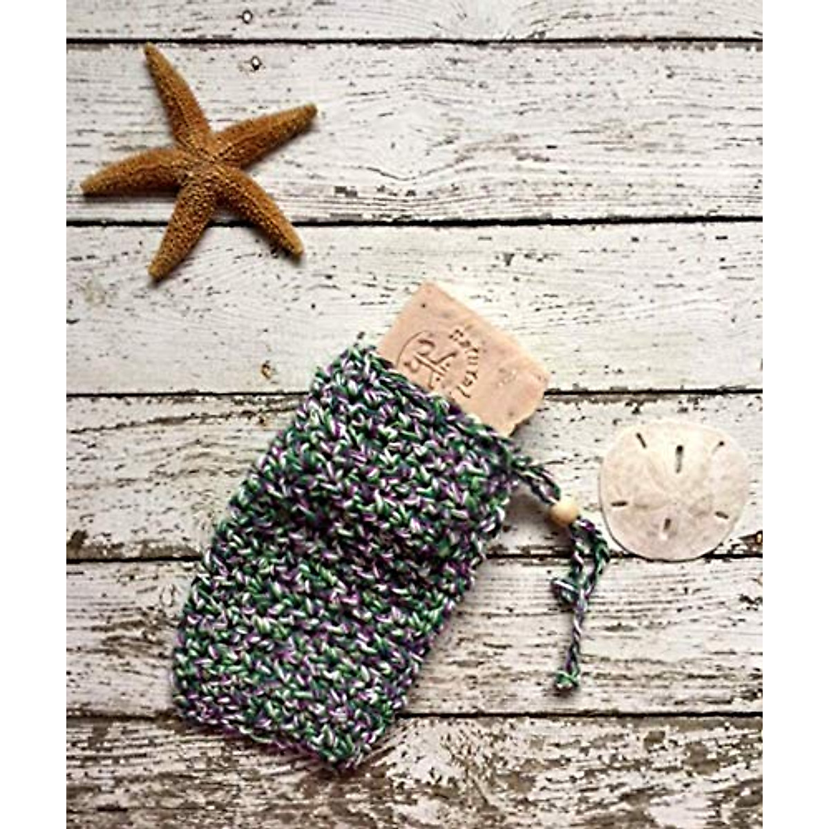 Handmade Soap Bag Purple Green Soap Holder Cotton Drawstring Bag Hanging Soap Saver Cozy Spa Shower Bath Crochet Washcloth