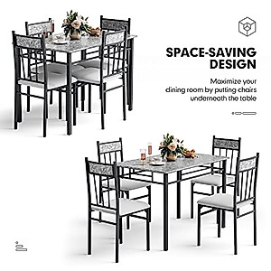 NAFORT 5-Piece Dining Table Set for 4, Vintage Rectangular Kitchen Table and 4 Chairs with Cushion Padded Seat, Metal and Wood Dining Set Kitchen Furniture, Marble Top