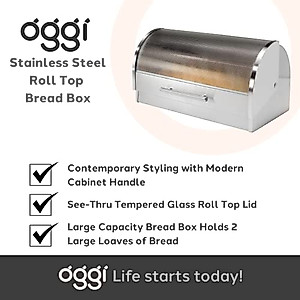 Oggi Stainless Steel Roll Top Bread Box with Tempered Glass Lid