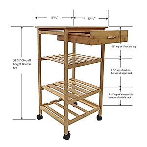 Redmon Bamboo Multi Shelf Kitchen Trolley, Three Open Shelves, Slide Drawer, Locking Castors, Wine Bottle Holder, 15.25 Inch Width x 15.25 Inch Depth x 31.50 Inch Height