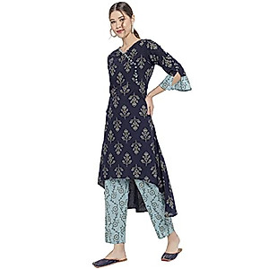 Yash Gallery Women's Cotton Floral Print A-line Kurta Pant Set (Blue)