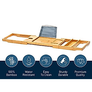 RoyalHouse Bamboo Bathtub Caddy Tray, Expandable Bath Table Over Tub with Glass Book, Adjustable Organizer Tray for Bathroom, Wine and Phone Holder, Ideal Gift for Family & Friends (Pack 2)