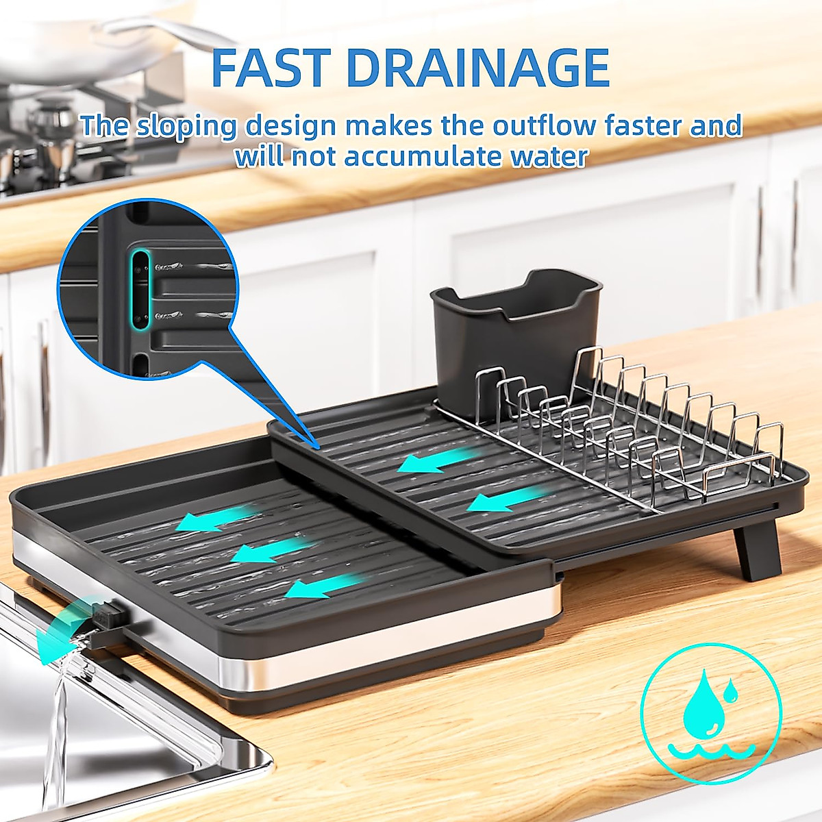 G-TING Dish Drying Rack, Expandable (11.8"-20.5") Large Capacity Dish Rack, Dish Drainer with Stainless Steel Cutlery Rack and Cutlery Bucket, Drying Rack for Kitchen Counter