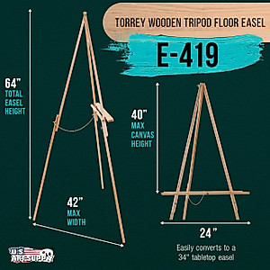 U.S. Art Supply 64" High Torrey Wooden A-Frame Tripod Studio Artist Floor Easel - Adjustable Tray Height, Holds 40" Canvas - Wood Display Holder Stand for Paintings, Drawings, Framed Photos, Signs