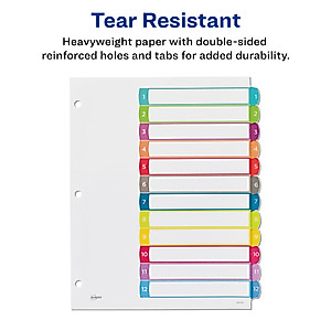 Avery 12 Tab Dividers for 3 Ring Binders, Customizable Table of Contents, Multicolor Tabs, 1 Set (11843)