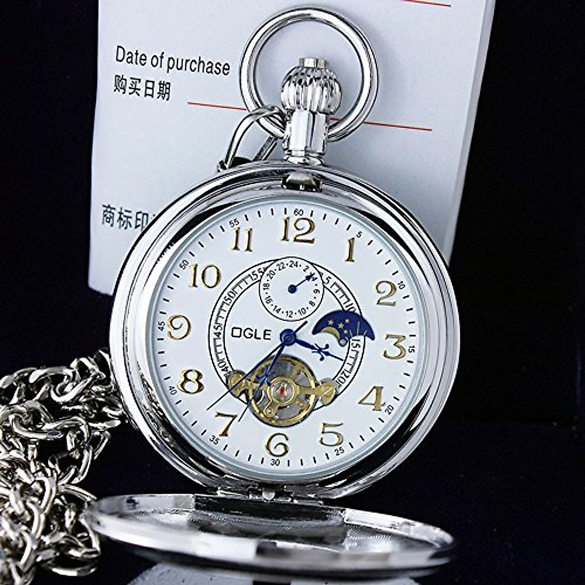 OGLE Waterproof Classics Roman Tourbillon Phases Moon Chain Fob Skeleton Automatic Mechanical Pocket Watch (Silver Case&White)
