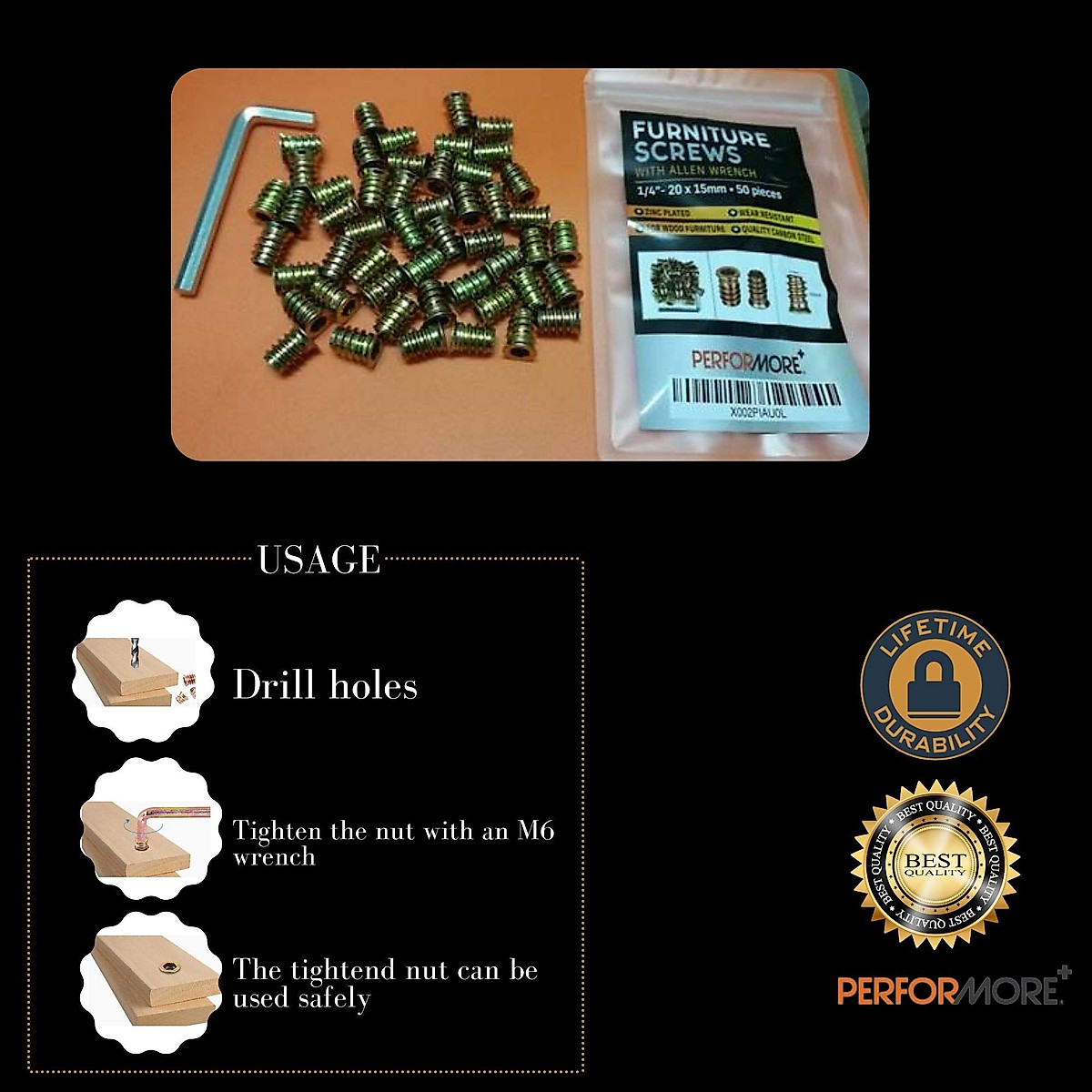 50 Pieces Threaded Wood Inserts, 1/4"-20 x 15mm Furniture Screws in Nut Threaded Inserts with Hex Socket, Zinc Plated - for Wooden Furnitures, Products, and Model, One Allen Wrench Included