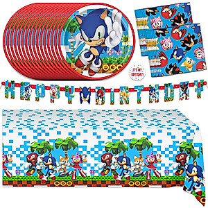 Sonic Birthday Party Decorations for 16 | Banner, Tablecloth, Sonic Plates and Napkins, Sticker | Sonic Party Decorations | Officially Licensed
