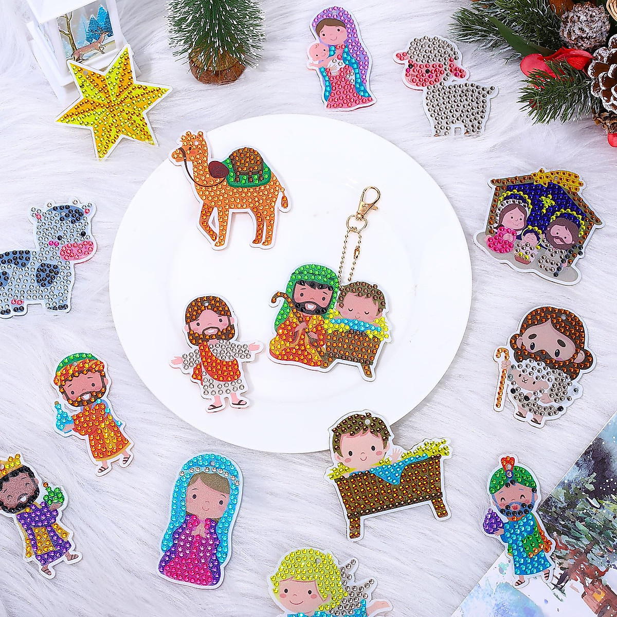 Whaline 15Pcs Christmas 5D Diamond Drawing Keychain Kit DIY Handmade Nativity Angel Diamond Drawing Pendent Rhinestone Mosaic Making Full Drill Diamond Art Ornaments Key Chain for Kids Crafts