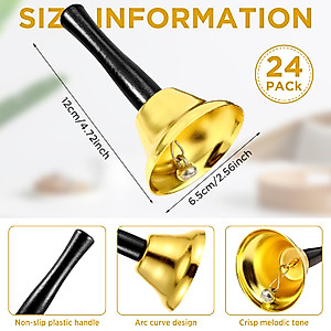 24 Pack Loud Hand Bell Metal Hand Held Bell for Adult Steel Dinner Call Service Wedding Bell with Black Wooden Handle Care for Home Pet Classroom School Church Alarm Food Decor (Gold,2.56'' Wide)