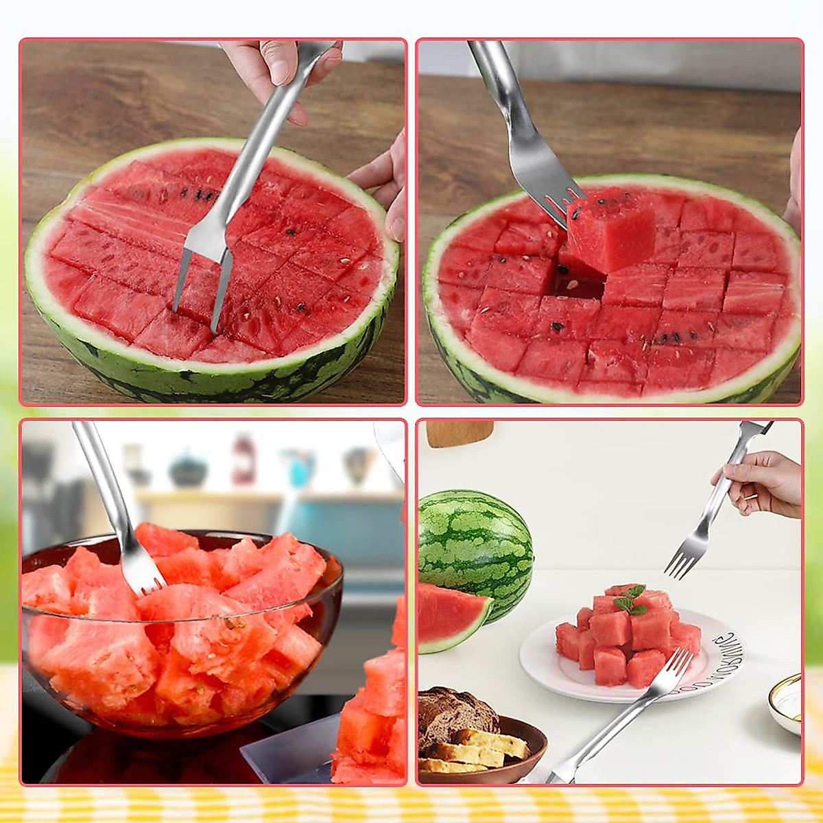 2-in-1 Watermelon Fork Slicer, Stainless Steel Watermelon Slicer Cutter Tool, Fruit Vegetable Slicer Fork Melon Cutter, Fruit Cutting Fork Slicer Kitchen Gadget for Family Parties Camping (5 PCS)