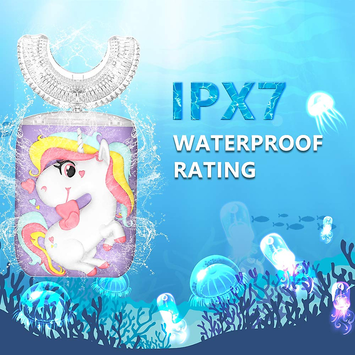 Kids Electric Toothbrush, Unicorn Sonic U Shaped Rechargeable Automatic Toothbrushes IPX7 Waterproof 6 Modes Smart Timer 360° Oral Cleaning with Replacement Brush Heads for Child Age 2-6 (1. Purple)