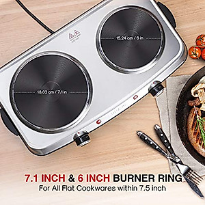 SUNAVO Hot Plates for Cooking, 1800W Electric Double Burner with Handles, 6 Power Levels Stainless Steel Hot Plate for Kitchen Camping RV Cast Iron