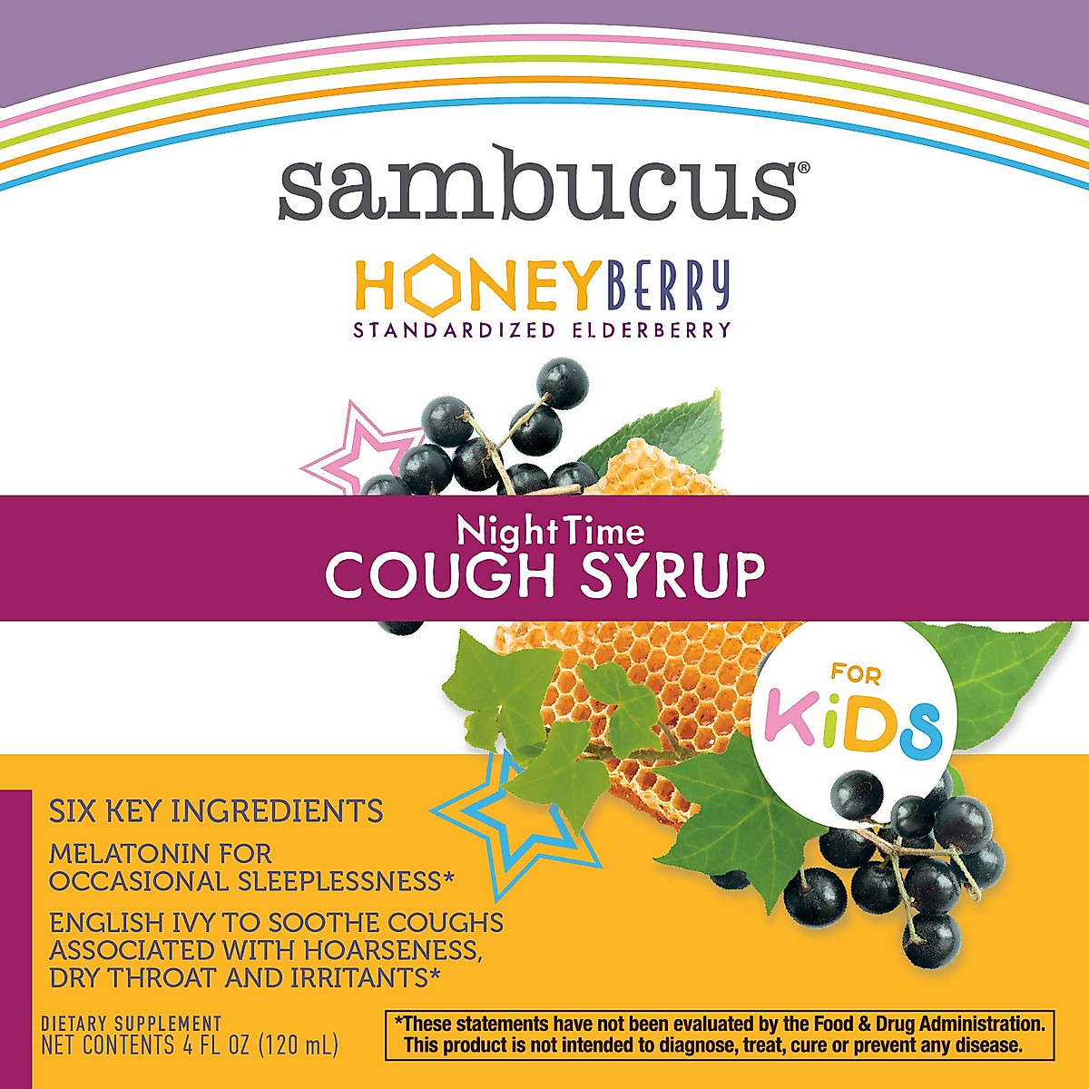 Nature's Way Sambucus HoneyBerry NightTime Cough Syrup for Kids, Soothes Occasional Cough Due to Horseness, Dry Throat & Irritants and Melatonin for Occasional Sleeplessness*, 4 Fl Oz.