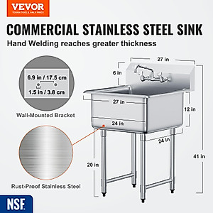VEVOR Stainless Steel Prep & Utility Sink, 1 Compartment Free Standing Small Sink Include Faucet & legs, 27"x41" Commercial Single Bowl Sinks for Garage, Restaurant, Kitchen, Laundry, NSF Certified