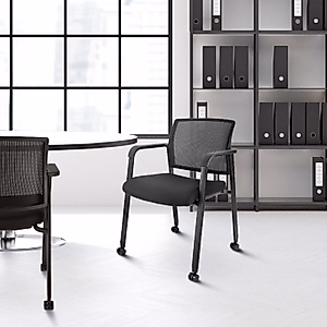 CLATINA Mesh Back Guest Reception Arm Chairs with Wheels, Waiting Room Chairs with Upholstered Fabric Seat and Ergonomic Lumbar Support for Office Conference School Church Black