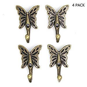 4 PCs Vintage Antique Brass Butterfly Shaped Wall Hooks Wall Mounted Hanger for Coat Cloths Hat Towel (Length 1-3/8-in Width 2-11/64-in)