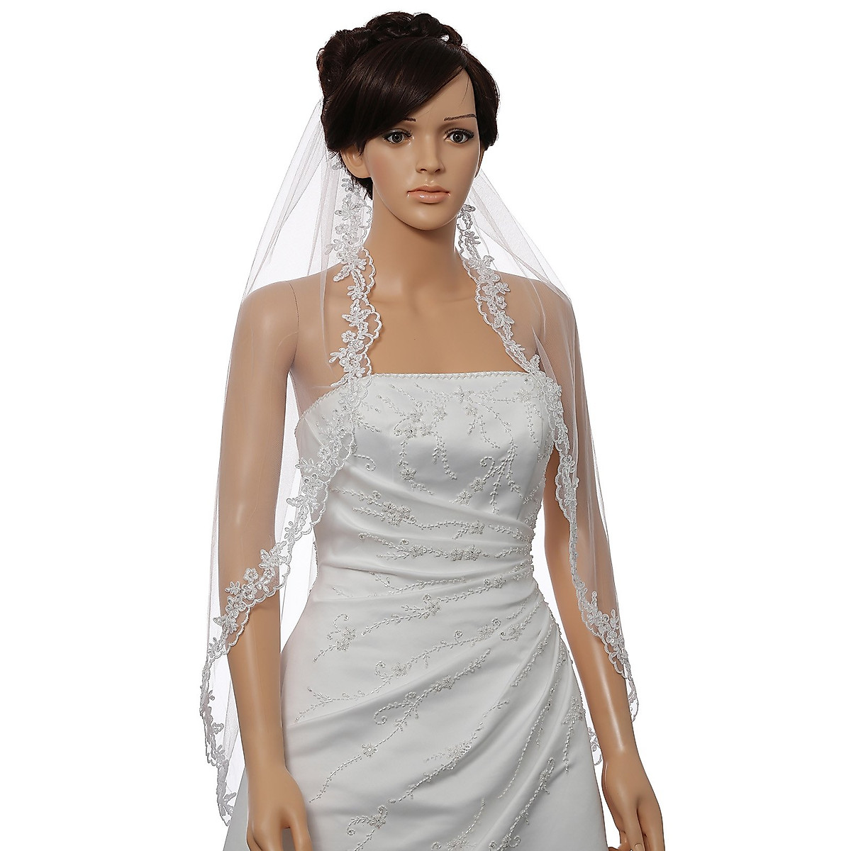 1T 1 Tier Flower Scallop Embroided Lace Pearl Veil - Ivory Fingertip Length 36" V467