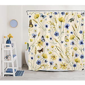 LB Vintage Plant Wildflower Shower Curtain for Bathroom, Blue and Yellow Floral with Butterfly on Beige Fabric Shower Curtain with Hooks, Farmhouse Botanical Bathroom Curtain Shower Set, 72"W x 72"L