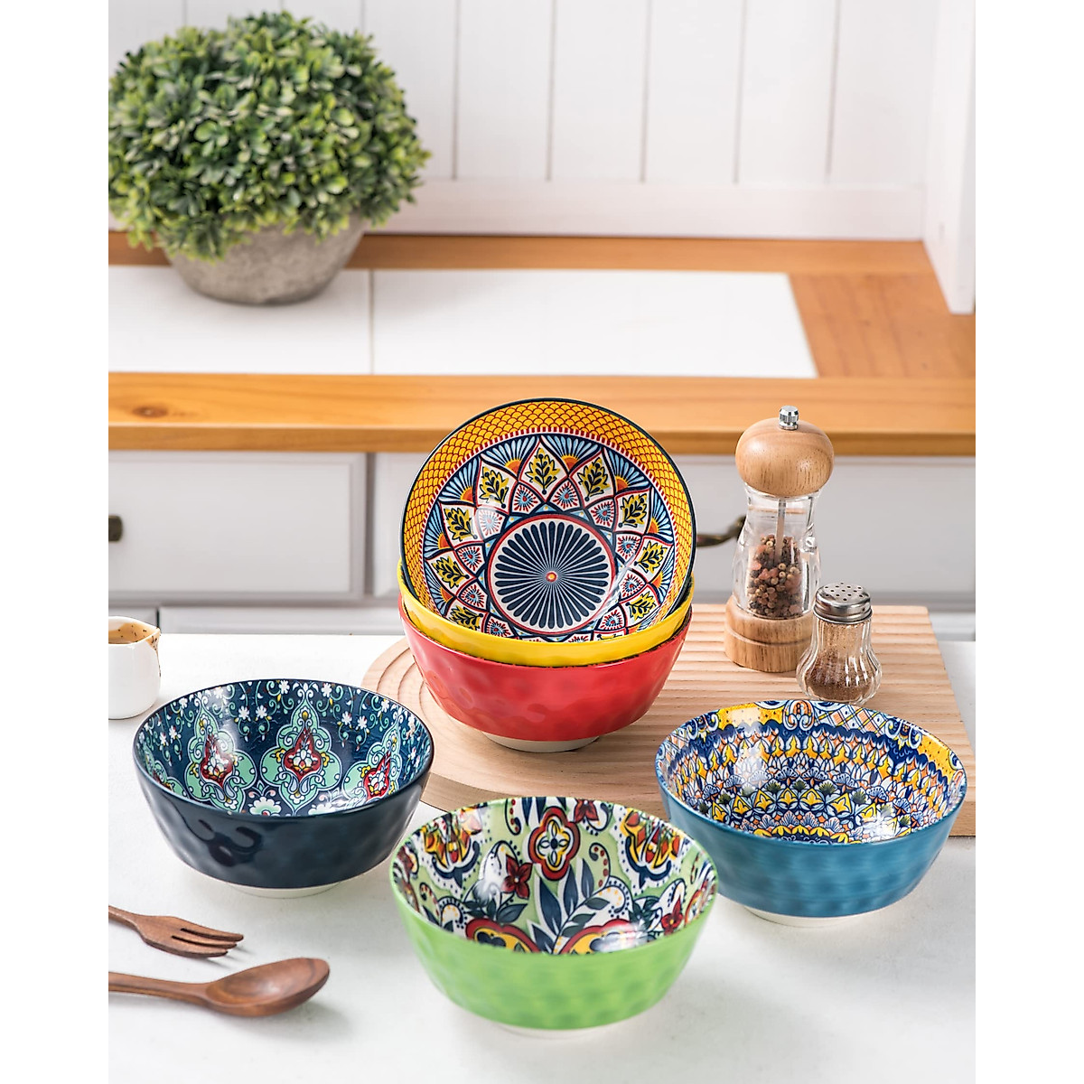 HENXFEN LEAD Ceramic Soup, Pasta Bowls Bundle - Colorful Bowls for Kithchen, Dinner, Eating -Bohemian Style