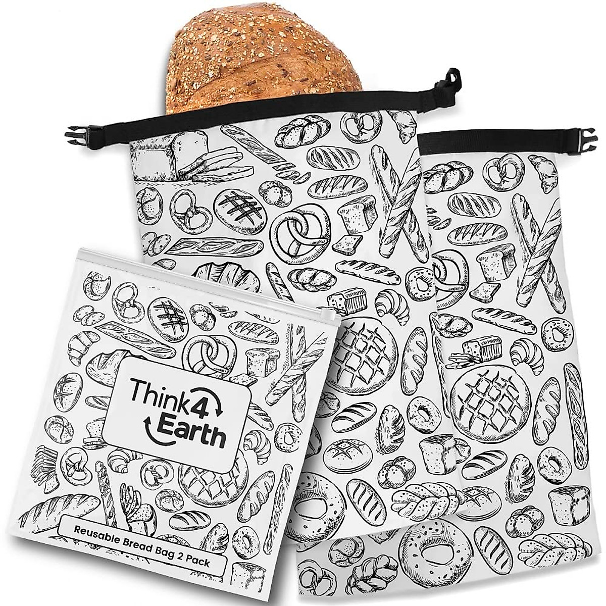 THINK4EARTH® - 2 Packs Bread Bags, Bread Bags for Homemade Bread Loaf, Freezer Bread Storage Bag, Bread Container, Reusable Food Storage Bag, Large Bread Bags for Homemade Bread with Double Lining.