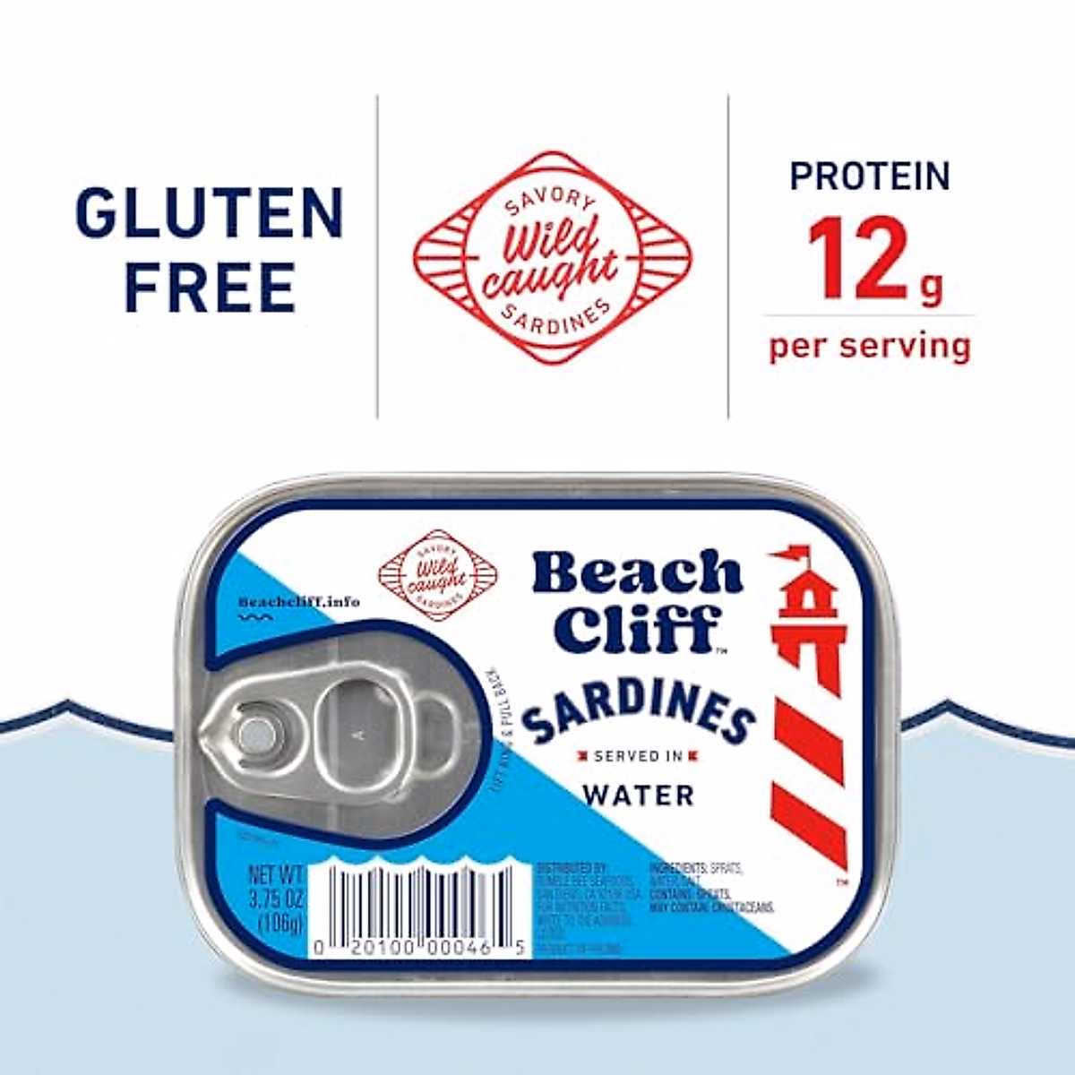 Beach Cliff Sardines in Water, 3.75 oz Can (Pack of 12) - Wild Caught Sardines - 12g Protein per Serving - Gluten Free, Keto Friendly