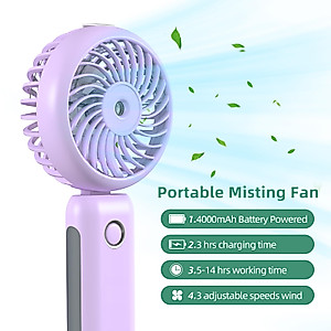 CIVPOWER Misting Fan Portable, Hand Held Fan 90°Adjustable Desk Fan, 4000mAh USB Rechargeable Personal Fan with Water Mist, 5-14 Working Time 3 Speeds Mister Spray Fan (purple)