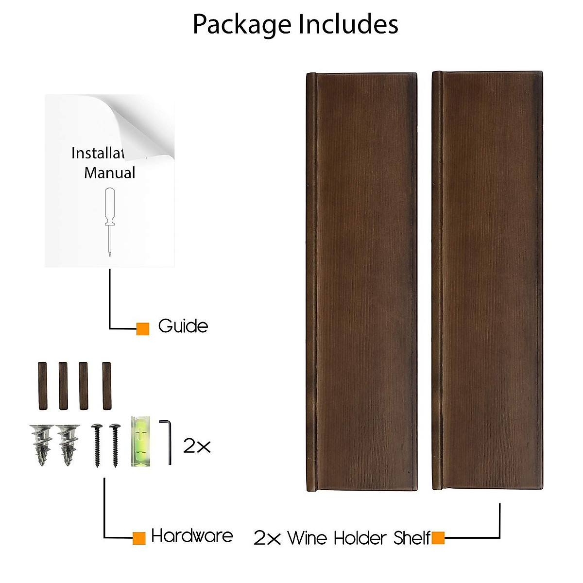 Rustic State Smith Wall Mounted Wood Floating Wine Bottle Rack with Glassware Holder Stemware Shelf Storage Organizer - Home, Kitchen, Dining Room Bar Décor - Walnut - Set of 2