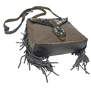 Urbalabs Western Crossbody Fringe Buckle Cowhair Leather Messenger Teal Stone Tooled Tote Bag Hand Stitched Purses (Dark Brown)