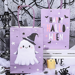JarThenaAMCS 16Pcs Happy Halloween Paper Gift Bags Cute Ghost Party Favor Bags with Handle Lilac Purple Goodie Candy Treat Bags for Halloween Party Decor Supplies