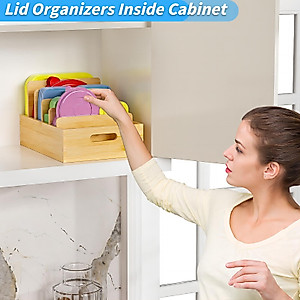 Kiasthome Bamboo Lid Organizers Inside Cabine, Lid Organizer Kitchen Cabinet Organizer with 5 Adjustable Dividers, Food Container Plastic Lids Organizer Holders for Drawer Pantry, Nature