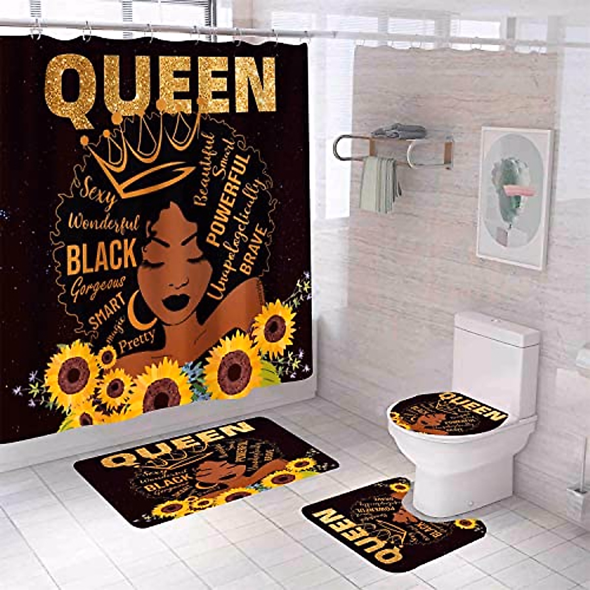 Mycurer African Bathroom Sets with Shower Curtain and Rugs,American Black Queen Inspiring Quotes Bathroom Sets with Accessories,Sunflower Black Girl Bathroom Curtains Shower Set,Large Size