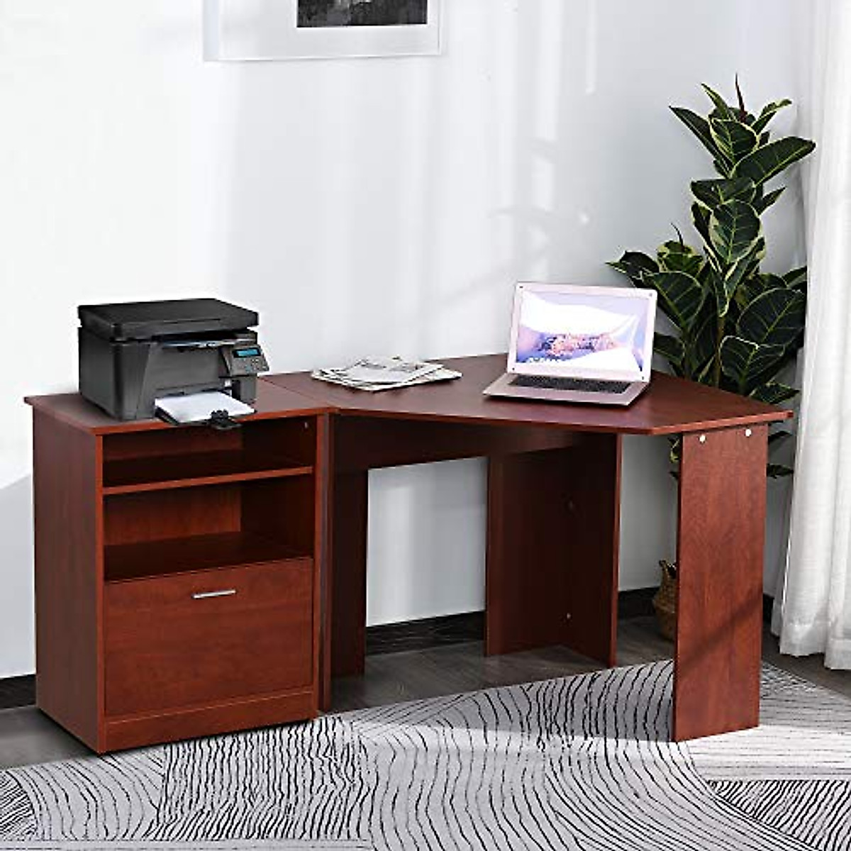 HOMCOM Computer Desk with Printer Cabinet, L-Shaped Corner Desk with Storage, Study PC Workstation for Home Office, Cherry