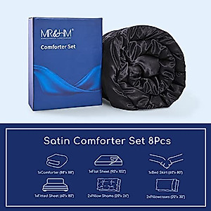 MR&HM Satin Comforter Queen 8 Pieces - Luxurious Pinch Pleat Bedding Set with Comforter, Sheets, Bed Skirt, Pillowcases & Shams, Super Silky Soft Bed Set for All Season (Queen, Black)