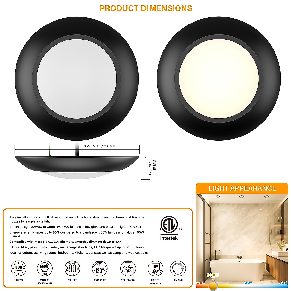 JULLISON 10 Packs 4 Inch Black LED Low Profile Recessed & Surface Mount Disk Light, Round, 10W, 600 Lumens, 3000K Warm White, CRI80, DOB Design, Dimmable, ETL Listed