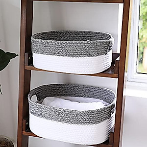 LA JOLIE MUSE Rectangle Cotton Rope Storage Basket Set of 2, Natural and Safe For Baby Kids Nursery, Two-Tone Woven Decorative Baskets, White & Gray