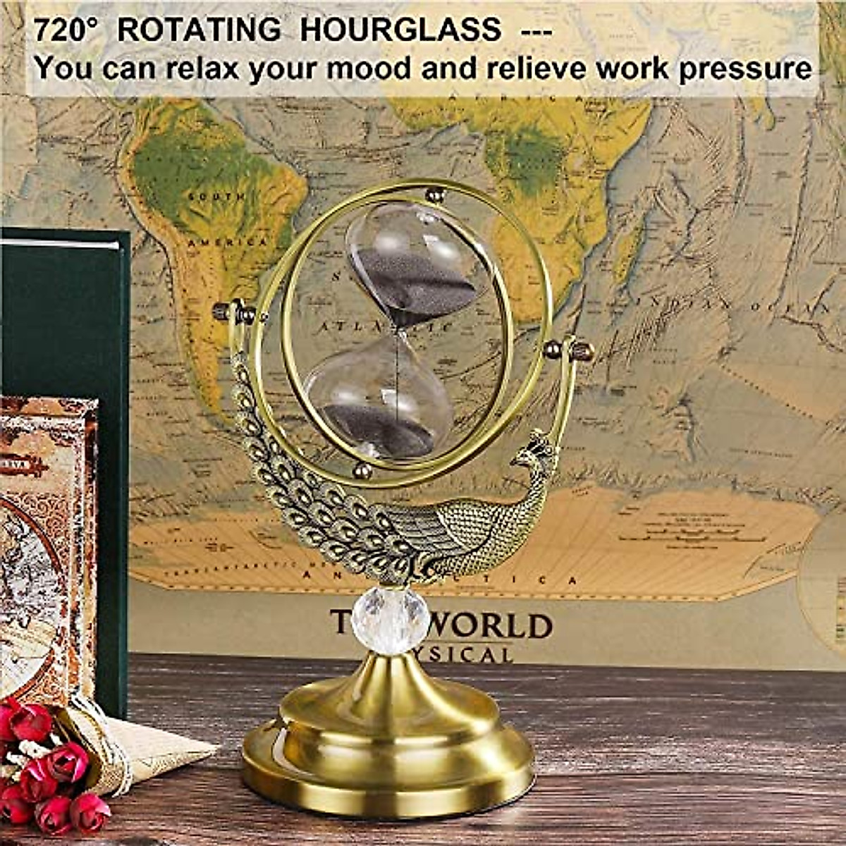 Sand Timer Hourglass Clock 60 Minute with Brass Peacock Frame & Crystal,SuLiao Antiguo Reloj De Arena 1 Hora,Metal Large Watch One Hour Glass Sand Watch for Gifts Home Office Desk Decor