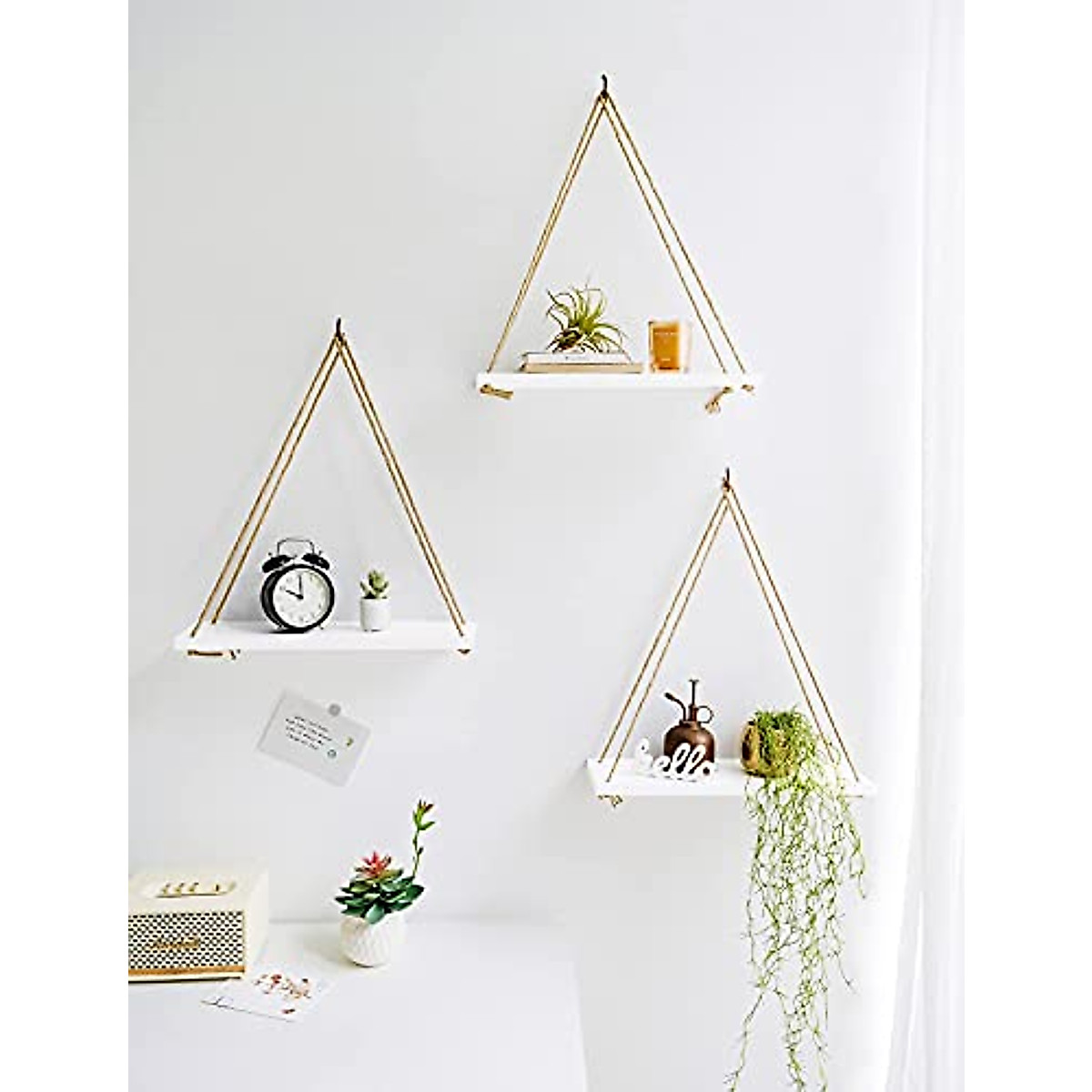 Mkono Wood Hanging Shelves for Wall Boho Decor Swing Rope Rustic Floating Shelf, Set of 3 Wall Display Shelving Home Organizer Rack for Living Room Bedroom Bathroom Kitchen,White